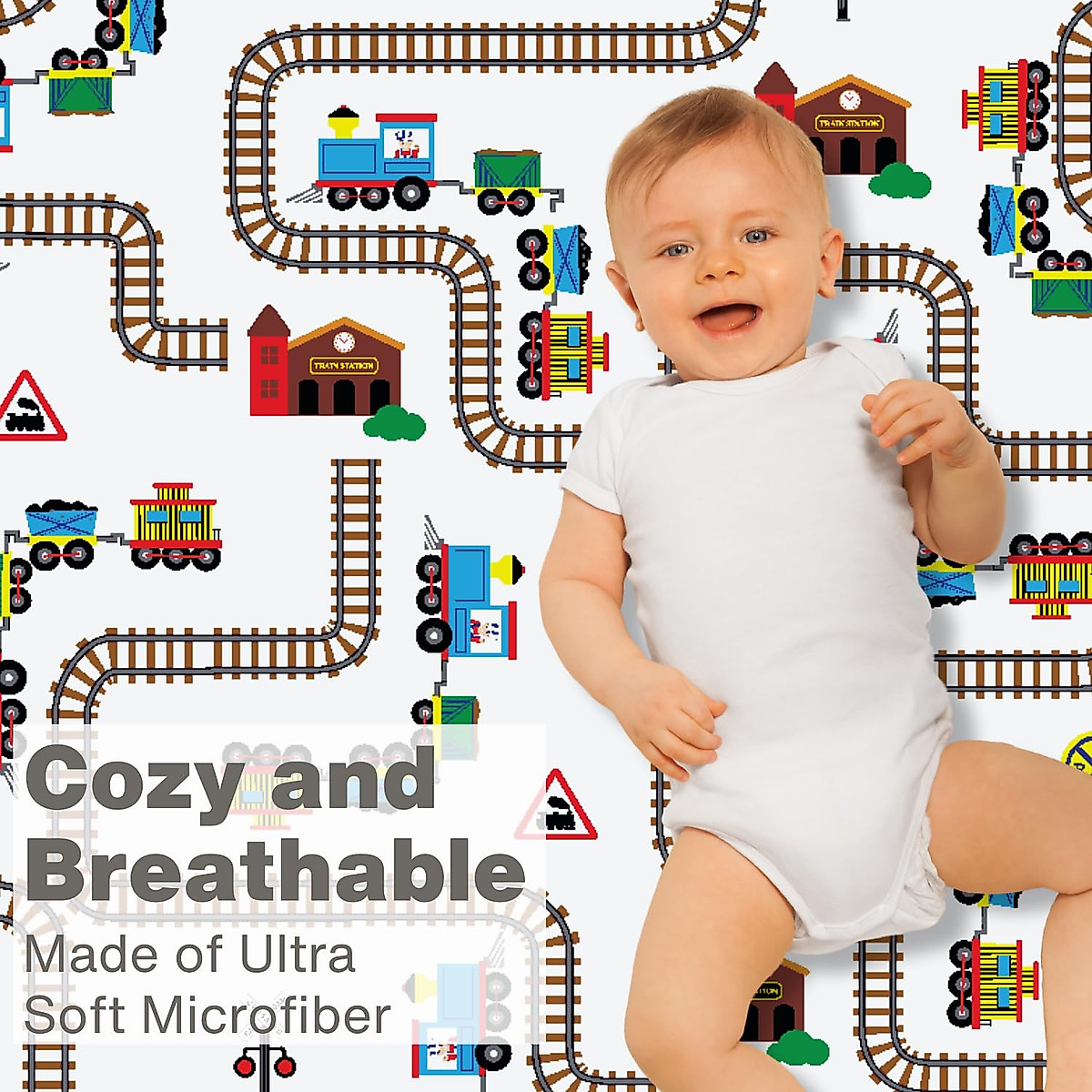 Everyday Kids 2 Pack Fitted Boys Crib Sheet, 100% Soft Breathable Sheet, Fits Standard Size Crib Mattress 28in x 52in, Nursery Sheet - Train/Light Blue