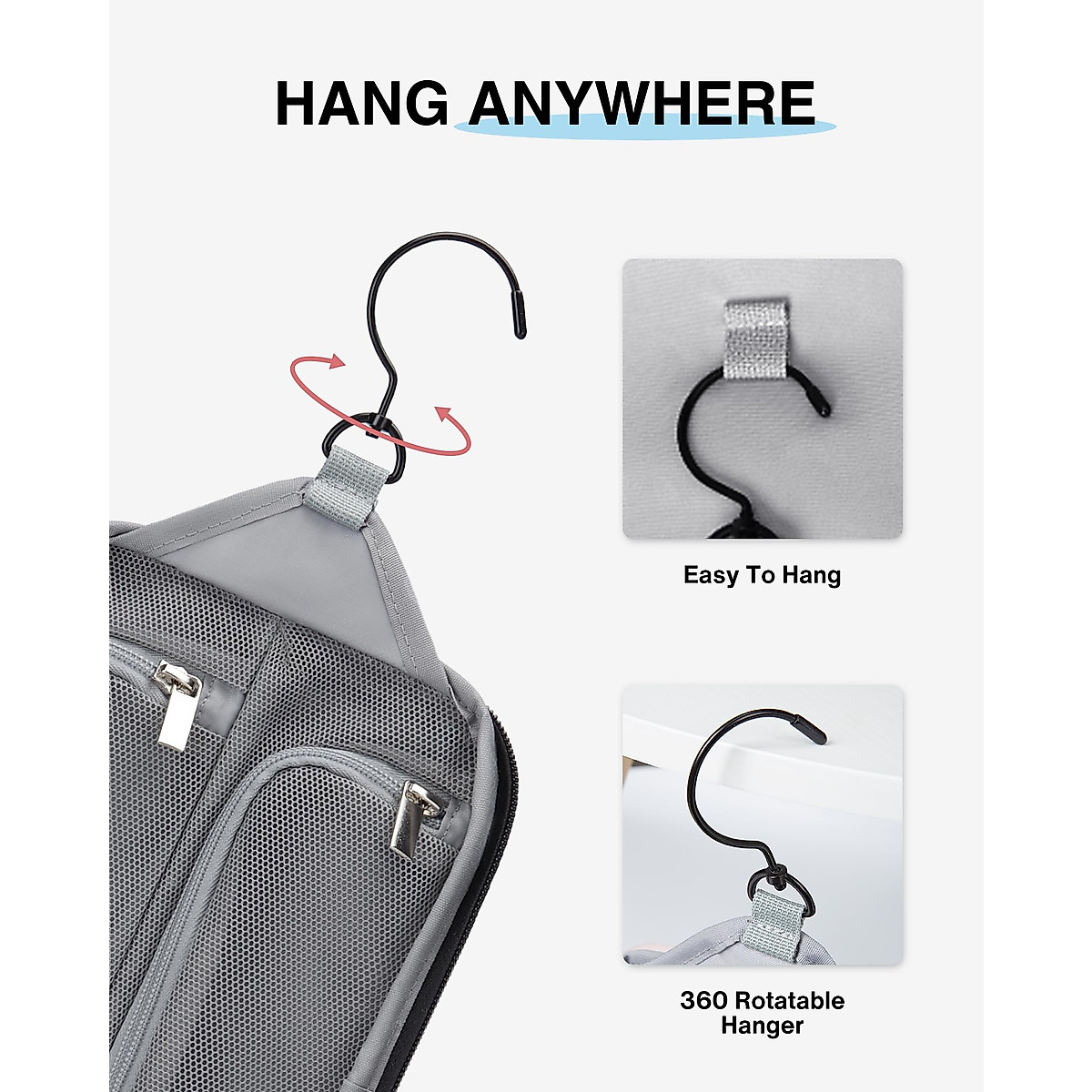 BAGSMART Travel Toiletry Bag, Toiletry Bag for Women and Men with Hanging Hook, Water-resistan Dopp Kit Door Room Essentials Makeup Cosmetic Bag, Shaving Bag Organizer for Traveling, Camping Black