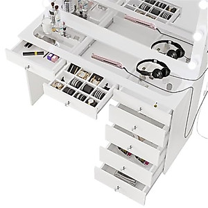 Boahaus Serena LARGE Makeup Vanity with Hollywood Lights Built-in, 7 Drawers, Hollywood Mirror, Hairdryer Hanger, Glass Top, Crystal Ball Knobs, White Vanity Makeup Desk for Bedroom, 58''Hx47''Wx17''D
