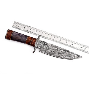 HANDCRAFT GOODS Handmade Hunting Fixed Blade Bowie Knife with Leather Sheath Damascus Steel For Outdoor Knifes- CROWN