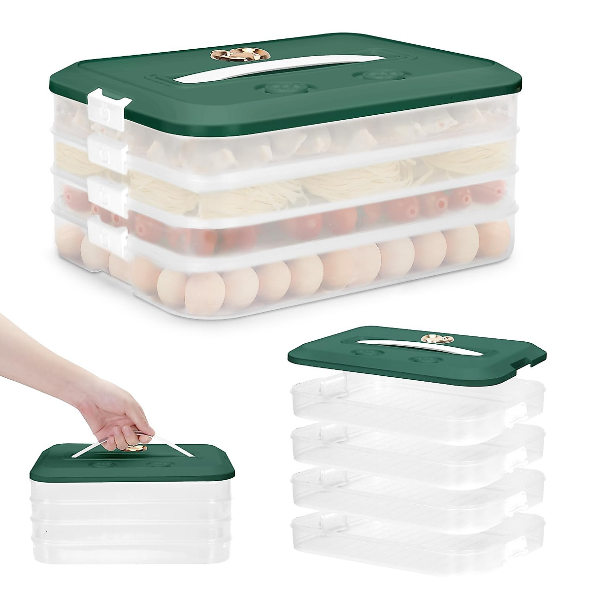 OFFKITSLY Food Storage Containers with Lids, Plastic Cookie Storage Containers Airtight, 4-Layer Stackable Food Containers Dumpling Storage Box, Green