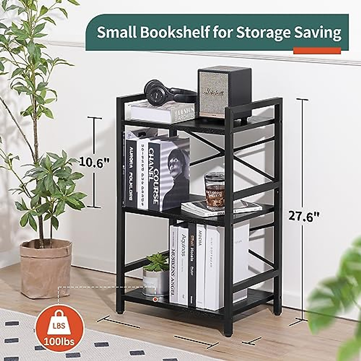 Yoobure Bookshelf Small Book Shelf, Solid Industrial 3 Tier Shelf Bookcase, Short Book Case for Bedroom, Living Room, Office Home, Small Spaces, Easy Assembly Black