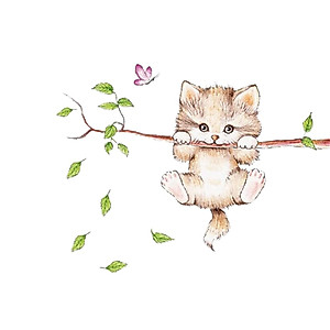 Cartoon Cute Cat On The Tree Branches Wall Decals, Removable Kitty Wall Stickers Decor Decal for Bedroom Wall Art Decoration