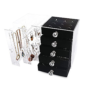 Frebeauty Acrylic Jewelry Box Clear Earring Organizer Storage Boxes,Necklace Hanging with 5 Removable Velvet Drawers Large Jewelry Display Case for Stud Rings Bracelets for Gift,(Black)