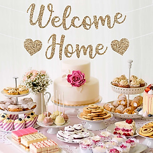 Pre-strung Welcome Home Banner - No DIY - Gold Glitter Script Welcome Home Banner - Pre-strung on 6 ft Strand - Housewarming, Homecoming, & Military Return Party Decorations. Did We Mention No DIY