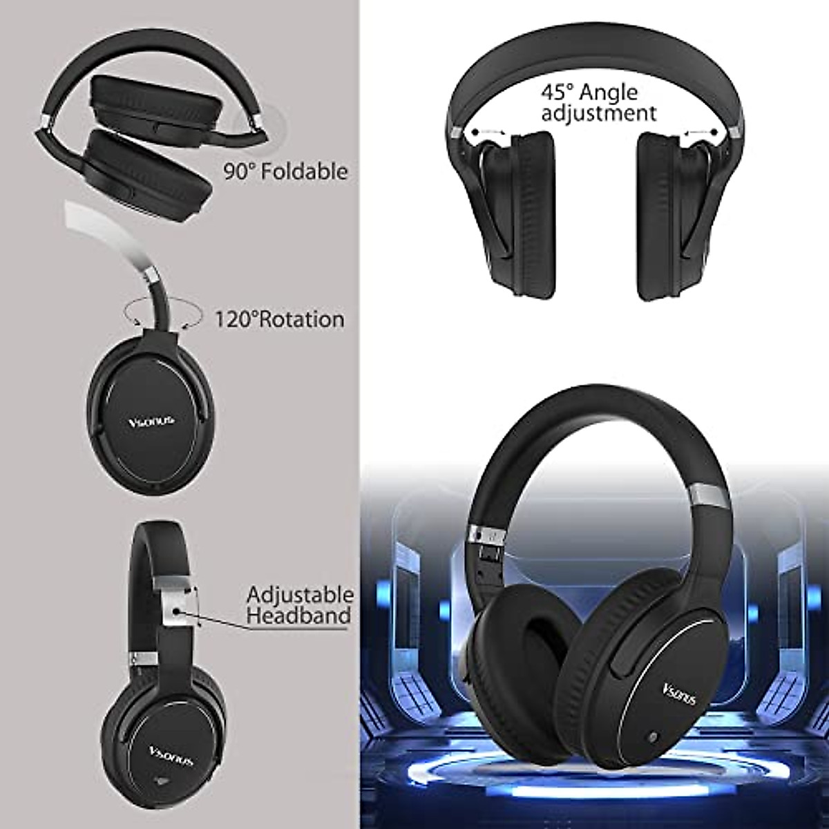 Vsonus H51 Active Noise Cancelling Headphones, Wireless Over Ear Bluetooth Headphones, Heavy Bass, BT 5.0, 30H Playtime, Metal Cover, Comfortable Protein Earpads for Travel Home Office