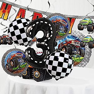 Monster Truck Party Supplies 5pcs Monster Truck 3rd Birthday Balloon set Giant 40" Race Car Number 3 Balloon 2pcs 18" Monster Truck Balloons 2pcs Black White Flags Balloons