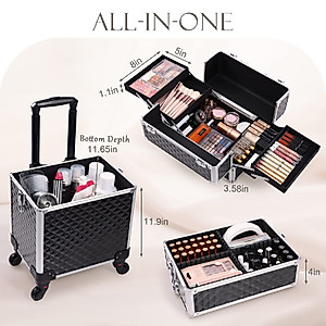 Adazzo 3 in 1 Professional Rolling Makeup Train Case Aluminum Trolley Case with 360° Rotation Wheels for Makuep Artist Cosmetic Suitcase Organizer with Lock and Key Diamond Pattern - Black