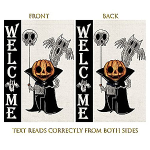 Halloween Welcome Garden Flag Burlap Double Sided Vertical 12×18 Inch Spooky White Ghost Jack Lantern Pumpkin Yard Decor DF108