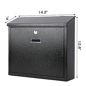 xydled Mail Boxes with Key Lock,Locking Mailbox Wall Mounted,Security Mailbox with Lock and Key,Large Capacity,Steel Cover Metal Postbox for House,14.2X 4X 12.6 Inch, Black