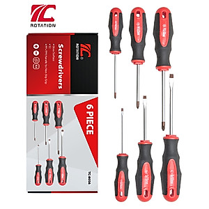 ROTATION 6PCS Magnetic Tip Screwdriver Set, 3 Phillips and 3 Flat, Red Tip | Red, Gloss, S2 Steel)