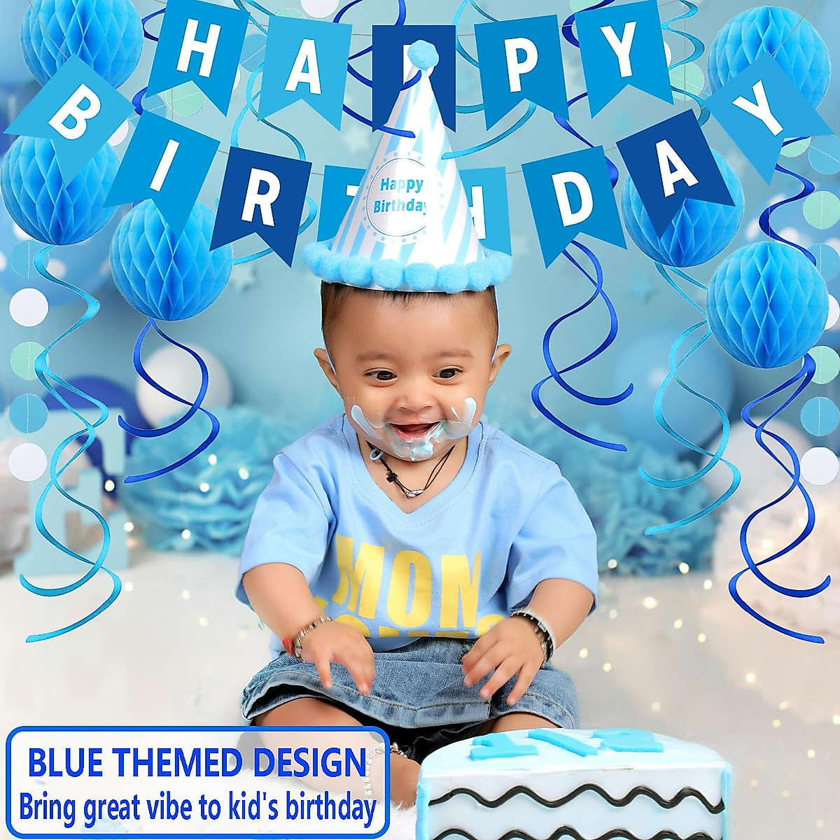 Happy Birthday Banner Sign Decorations - Atiger 28 PCS Happy Birthday Banners, Blue Happy Birthday Decorations for Men Boys, Party Decorations Supplies for Home Classroom, Decor Banner 9 ft