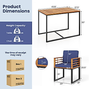 Tangkula 3 Piece Outdoor Dining Set, 2 Acacia Wood Armchairs with 43.5 Inch Dining Table, Heavy-Duty Metal Support, Cushioned Space-Saving Patio Furniture Set for Porch, Poolside