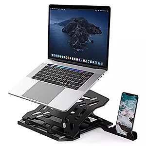 kindream Laptop Stand: 10-18" laptops Such as MacBook Air, Pro, HP, DELL, etc., 360°Rotation Adjustable, Hollow Out for Cooling, Foldable and Portable, with Mobile Phone Stand, Office, Black