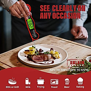 AWLKIM Meat Thermometer Digital - Fast Instant Read Food Thermometer for Cooking, Candy Making, Outside Grill, Waterproof Kitchen Thermometer with Backlight & Hold Function - Red