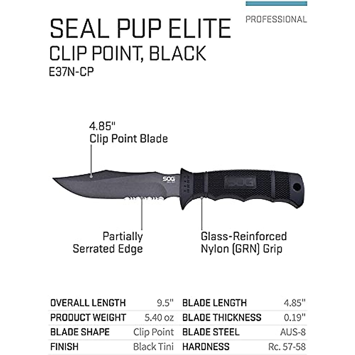 SOG Fixed Blade Knives - Seal Pup Tactical Knife Survival Knife and Hunting Knife w/ 4.75 Inch Blade and MOLLE Knife Sheath & GRN Grip (M37N-CP) , black