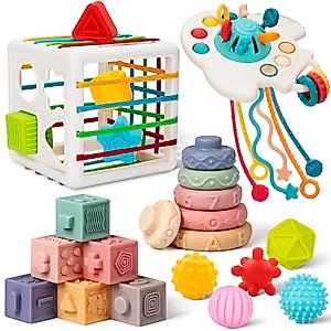 Baby Toys 6 to 12 Months, 5 In 1 Montessori Toys for 1 Year Old, Incl Travel Pull String Toy & Shape Sorter & Stacking Baby Block & Soft Infant Ring & Sensory Ball for Toddler 0-3-6-9-12 Month