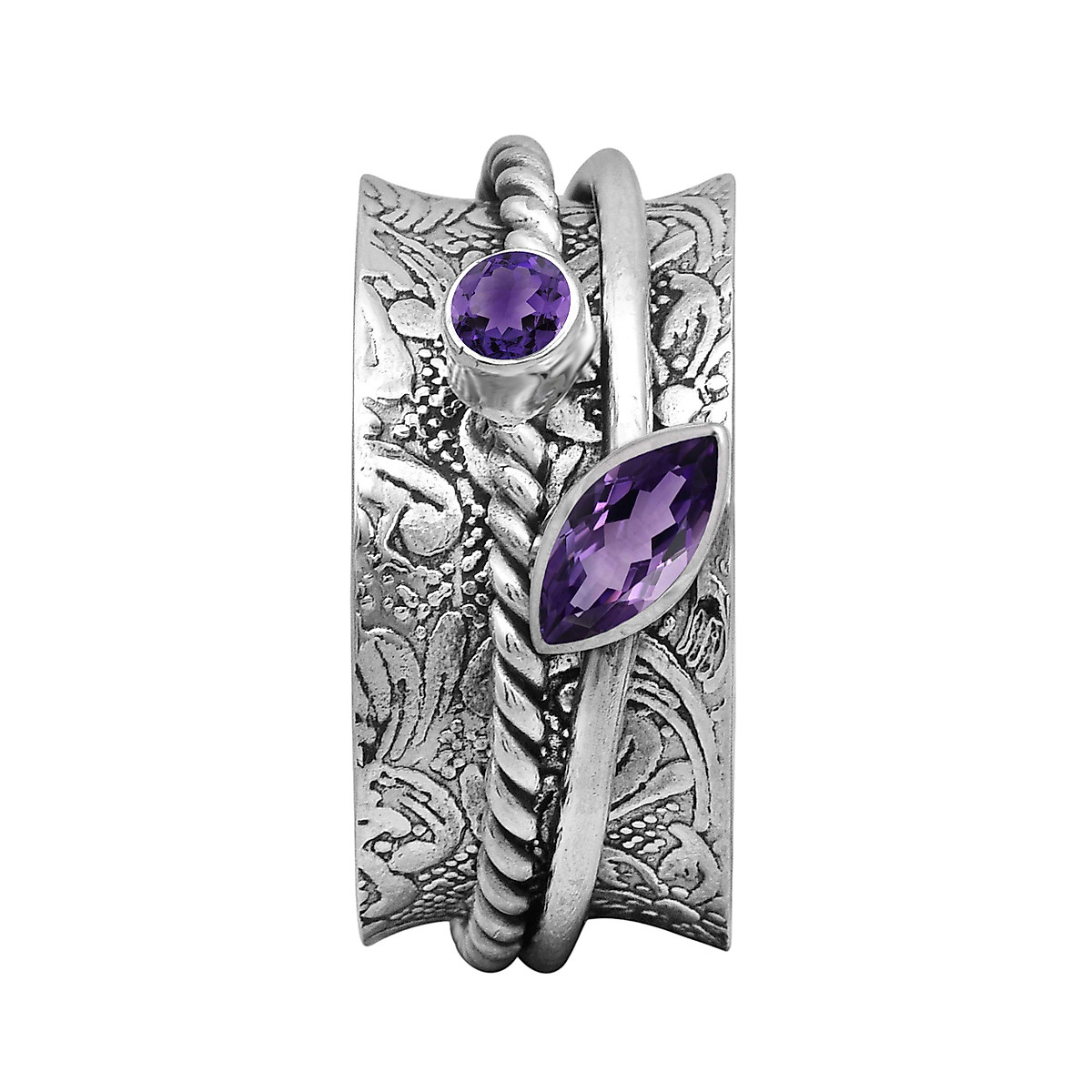 Shine Jewel Spinner Ring with Gemstones 925 Sterling Silver Fidget Band Meditation Ring for Men Women Anxiety Stress Relieving (Purple Amethyst, 9)
