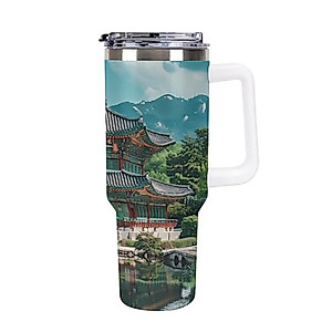 Korean Architecture Palace of Koreas Insulated Tumbler with Handle Stainless Steel Travel Coffee Mug with Lid And Straw 40oz