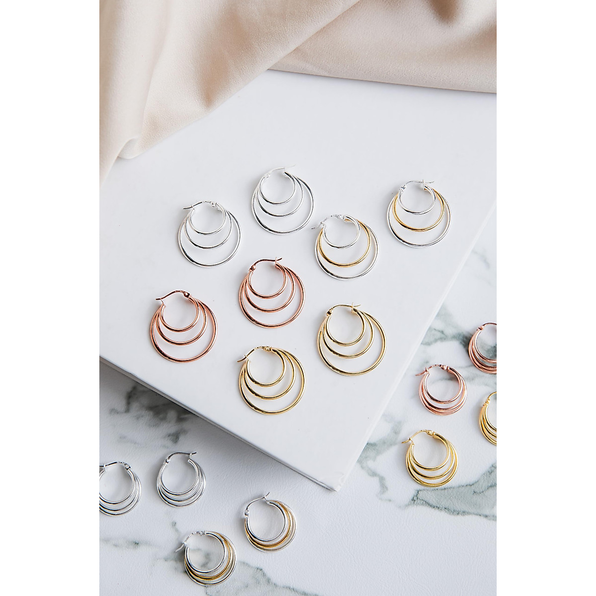 Hoops & Loops Sterling Silver Two-Tone Triple Circle Round-Tube Polished Hoop Earrings, 20mm