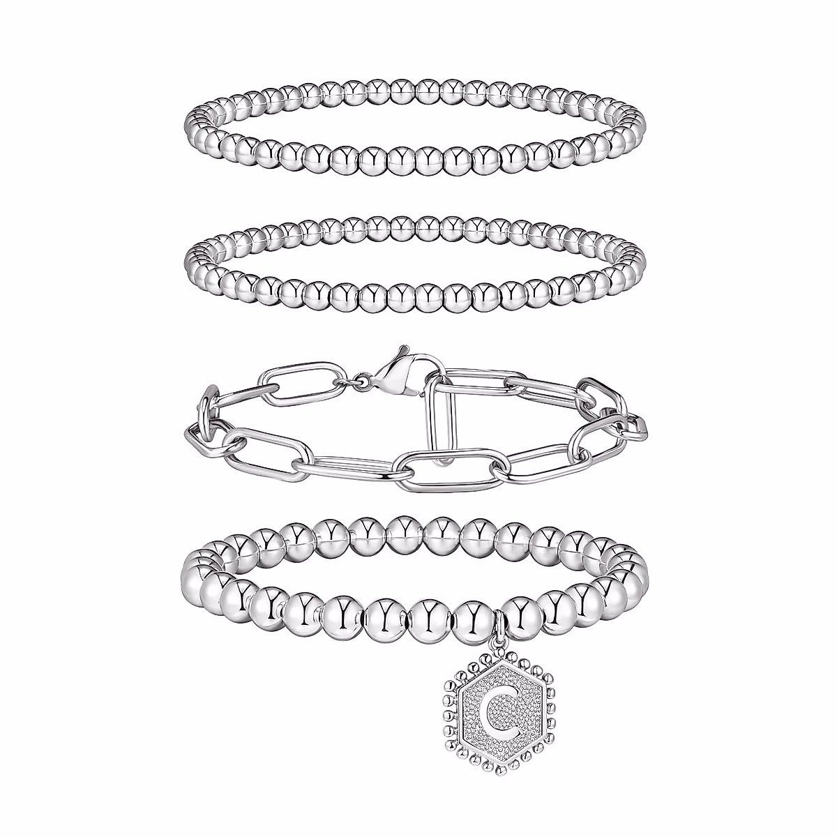 doubgood Silver Bracelets for Women, Stackable Initial Beaded Bracelet with Letter Pendant C Stretch Trendy Stack Jewelry Set for Mother's Day Valentines Gifts for Her