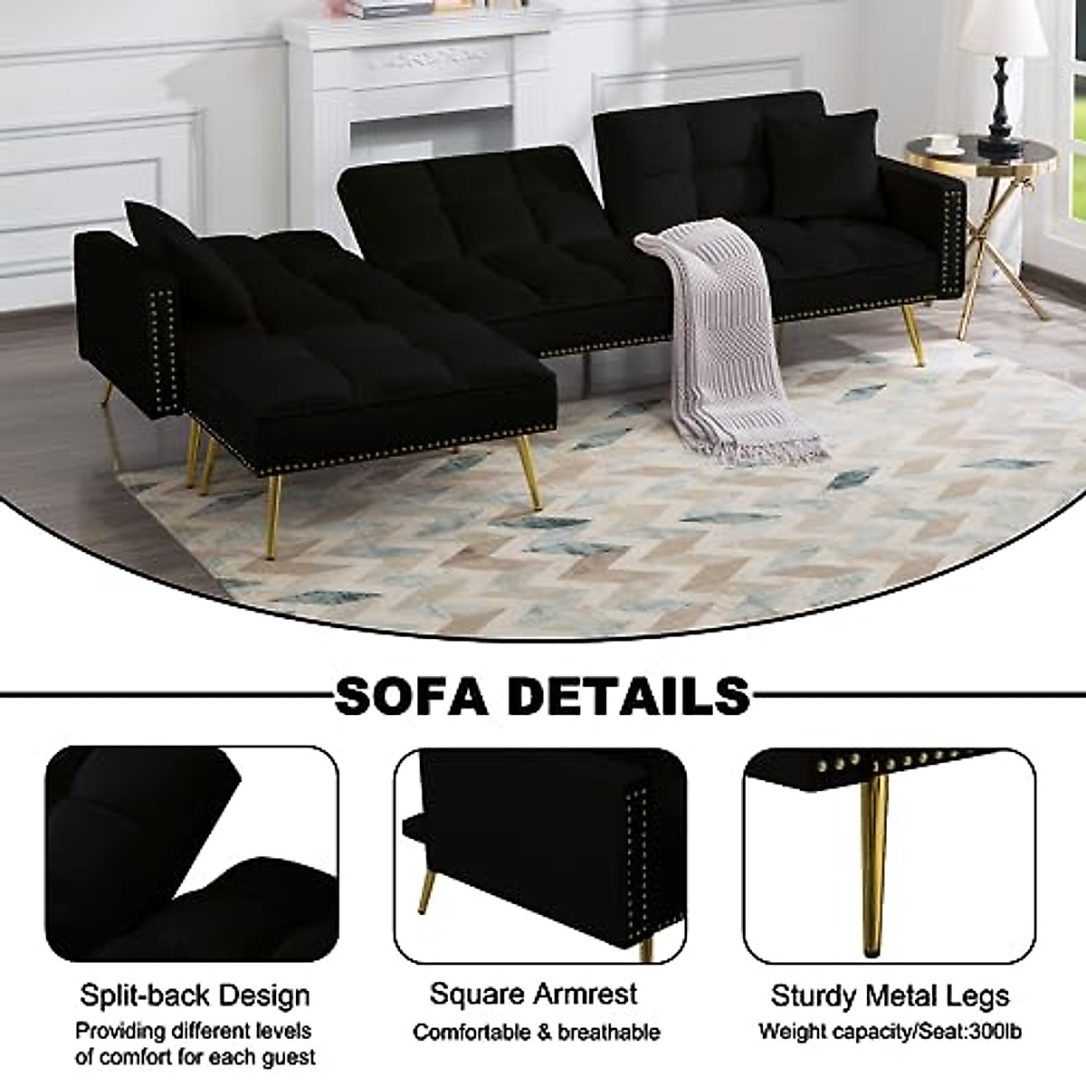 FREESNOOZE 107'' Convertible L-Shaped Velvet Sleeper Sofa Bed Living Room Sectional Sofa with Removable Ottoman and Tapered Metal Legs, Black