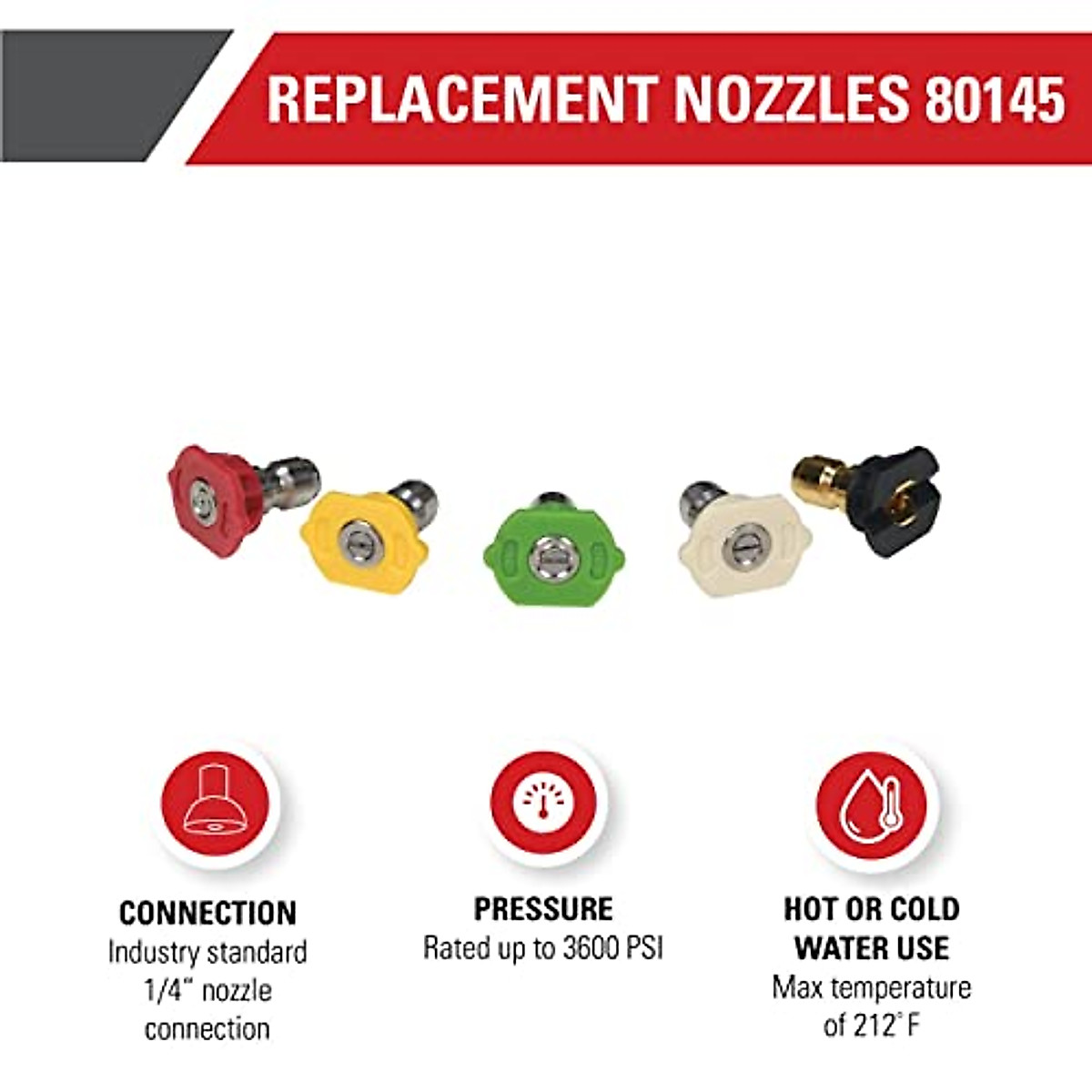 Simpson Cleaning 80145 3600 PSI Universal Pressure Washer Nozzles, 1/4-Inch Quick Connect, Hot- or Cold-Water Use, Set of 5