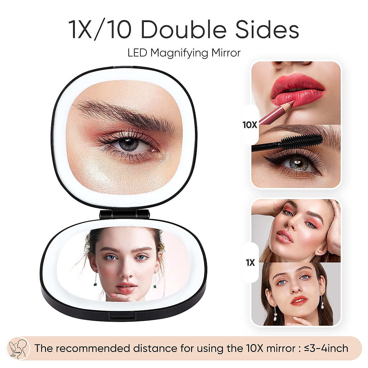 KEDSUM Lighted Travel Makeup Mirror, 1X/10X Magnifying Compact Mirror with Rechargeable LED Lights, Dimmable Double Sided Folding Mirror, Portable, Large, Daylight, USB Charging (Black)