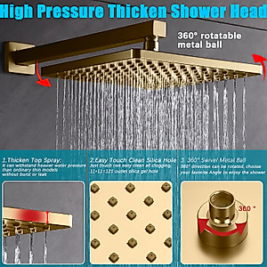 YESIMI Shower System with Tub Spout 10 Inch Overhead Shower 4 Setting Handheld Spray Rough In Pressure Balance Valve Body with Trim Kit Wall Mounted Rainfall Bathtub Shower Faucet Set (Brushed Gold)