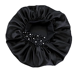 YeeMan Hair Bonnet Glittering Pearls and Rhinestones Satin Bonnet Wide Band Sleeping Cap (Black)