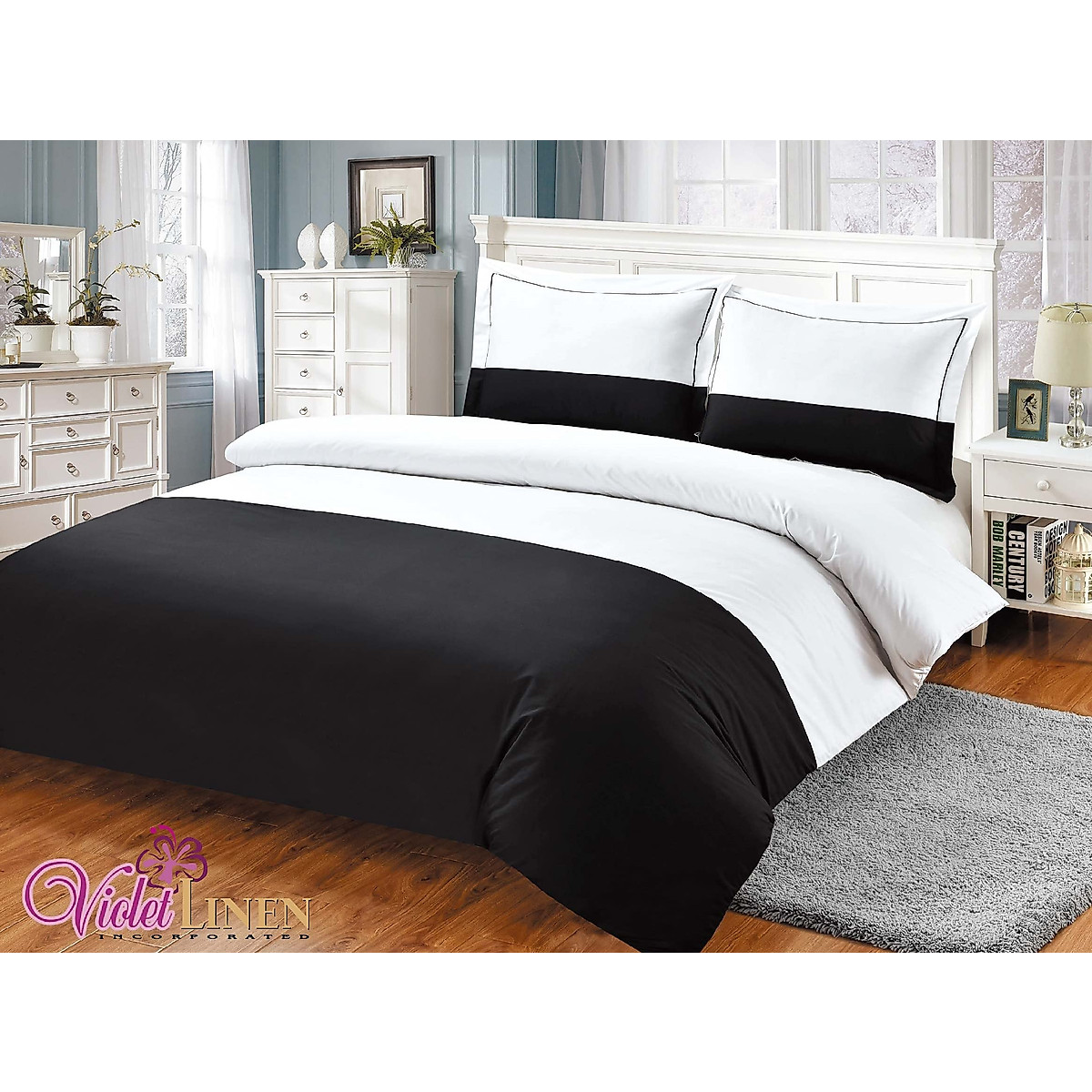 Violet Linen French Hotel Border Pattern, Luxury Ultra Soft 200 Thread Count Polyester-Cotton Percale, Black, Twin 48-inch, 8 Piece, Bedding Duvet Cover Set for Two Beds