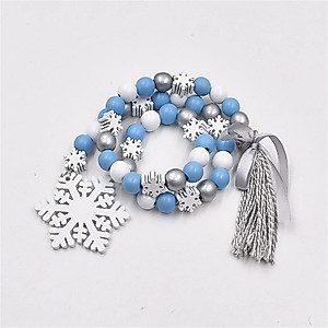 IAMAGOODLADY Christmas Decorations,Christmas Snowflake Wood Bead Garland with Tassels,Rustic Farmhouse Tiered Tray Holiday Decorations,Blue and White Wooden Bead with Jute Rope Plaid Tassel
