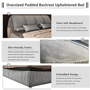 Olodumare Luxury King Size Upholstered Platform Bed with Oversized Padded Backrest, Soft Frame Cloud Bed,Thickening Pinewooden Slats and Metal Leg,Grey