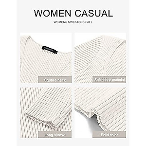 MEROKEETY Women's 2024 Square Neck Long Sleeve T Shirts Slim Fitted Ribbed Knit Casual Tee Tops, White, S