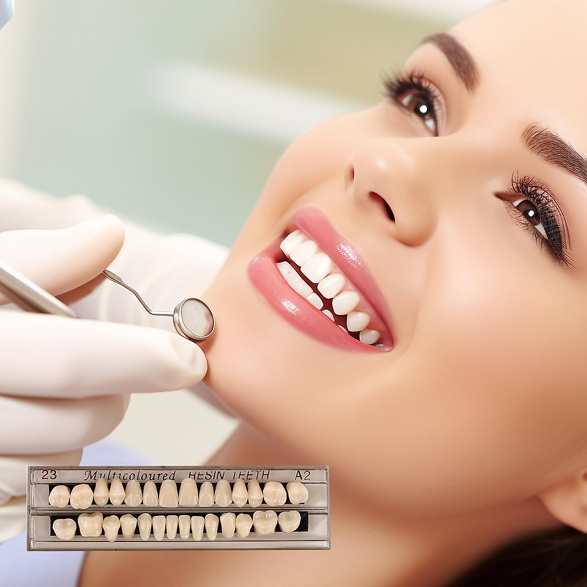 56 Pieces False Teeth Dental Complete Acrylic Resin Denture Tooth, 2 Sets Tooth Replacement kit, 23 Shade A2 Upper + Lower Dental Materials for Replacement, DIY, or Halloween