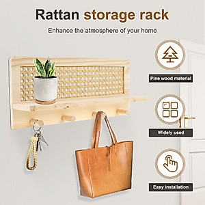 PHWRECZ Rattan Rack Shelf Rattan Coat Rack Shelf Wall Mounted with 4 Hooks Decorative Rattan Wall Rack Floating Rattan Shelf Wall Mount Entryway Rattan Rack Easy to Install
