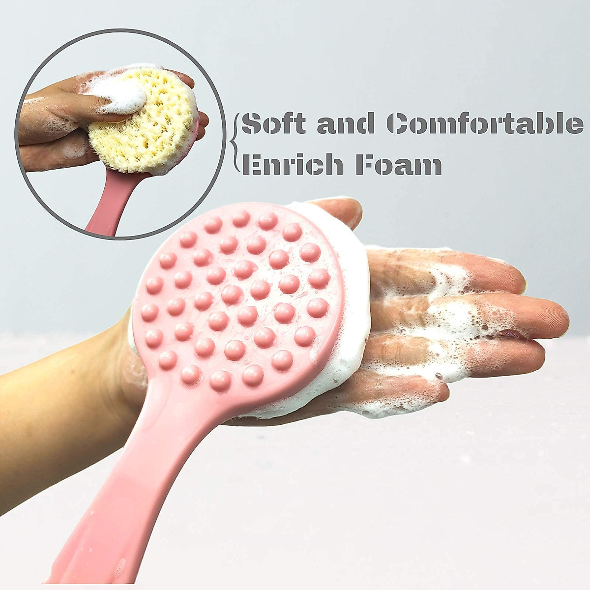 2Pack Back Shower Bath Brush for Elderly Body Cleaning Long Handle for Mens Shower Back Scrubber for Women Exfoliation Soft Bristles Skin Exfoliating Shower Body Foot Brush Pink Gray
