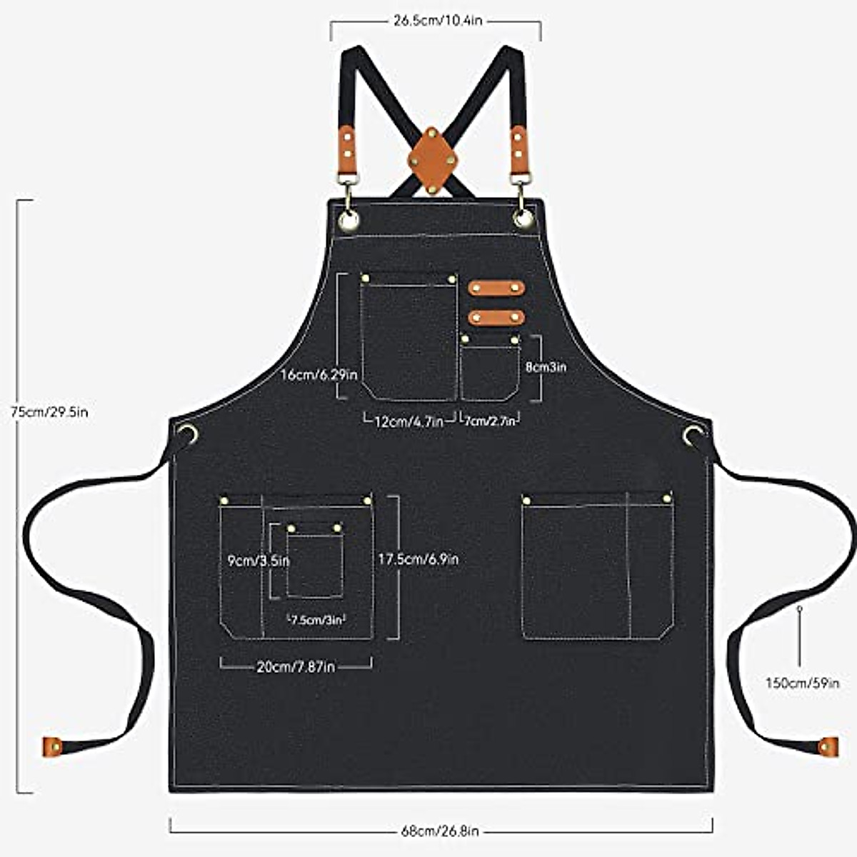 NLUS Chef Apron for Men Women, Water-Resistant Heavy Duty Cotton Canvas Apron Cross Back Apron with Adjustable Straps and Large Pockets, Size M to XXL (BLACK)
