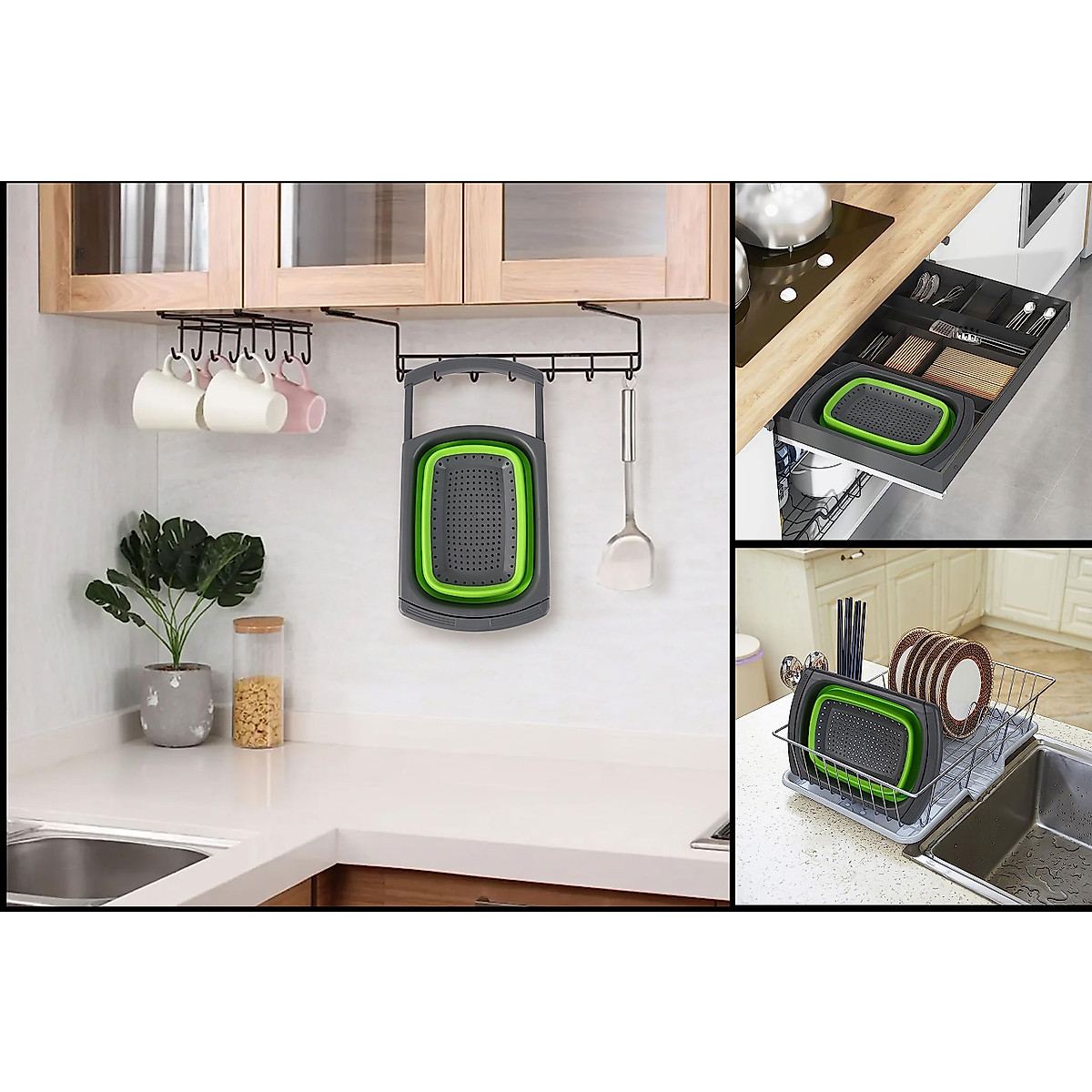 Collapsible Colander with Silicone Measuring Cups & Funnels for Filling Bottles, Food Strainers for Kitchen over the Sink with Extendable Handle (Green)