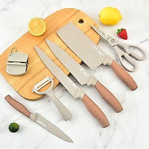 Kitchen Knife Set, 8-Pieces Khaki Sharp Chef Knife Set with Block, Knife Block Set with Diamond Grain Non-stick Knife Blade, Stainless Steel Cooking Knives Suitable for Home Restaurant Apartment