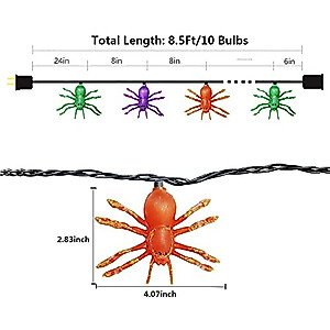 SUNSGNE Halloween Spider String Lights, 8.5Ft Halloween String Lights with 10 Spider Lights, Plug in Hanging Halloween String Lights for Halloween Party, Curtain, House, Garden, Yard, Halloween Decor