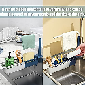 Bili-silly Upgraded Telescopic Sink Storage Rack Adjustable Length 2-in-1 Sink Organizer Tray Sponge Soap Holder with Dishcloth Hanger Expandable Kitchen Sink Organizer Rack for Home Kitchen
