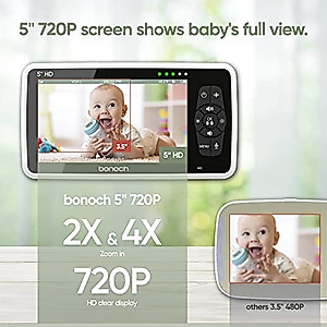 bonoch Baby Monitor with Camera and Audio, 5" 720P HD Video Baby Monitor No WiFi, Hack Proof, Remote Zoom/Pan/Tilt, 4000mAh Battery, VOX Mode, Auto Night Vision, 8 Lullabies