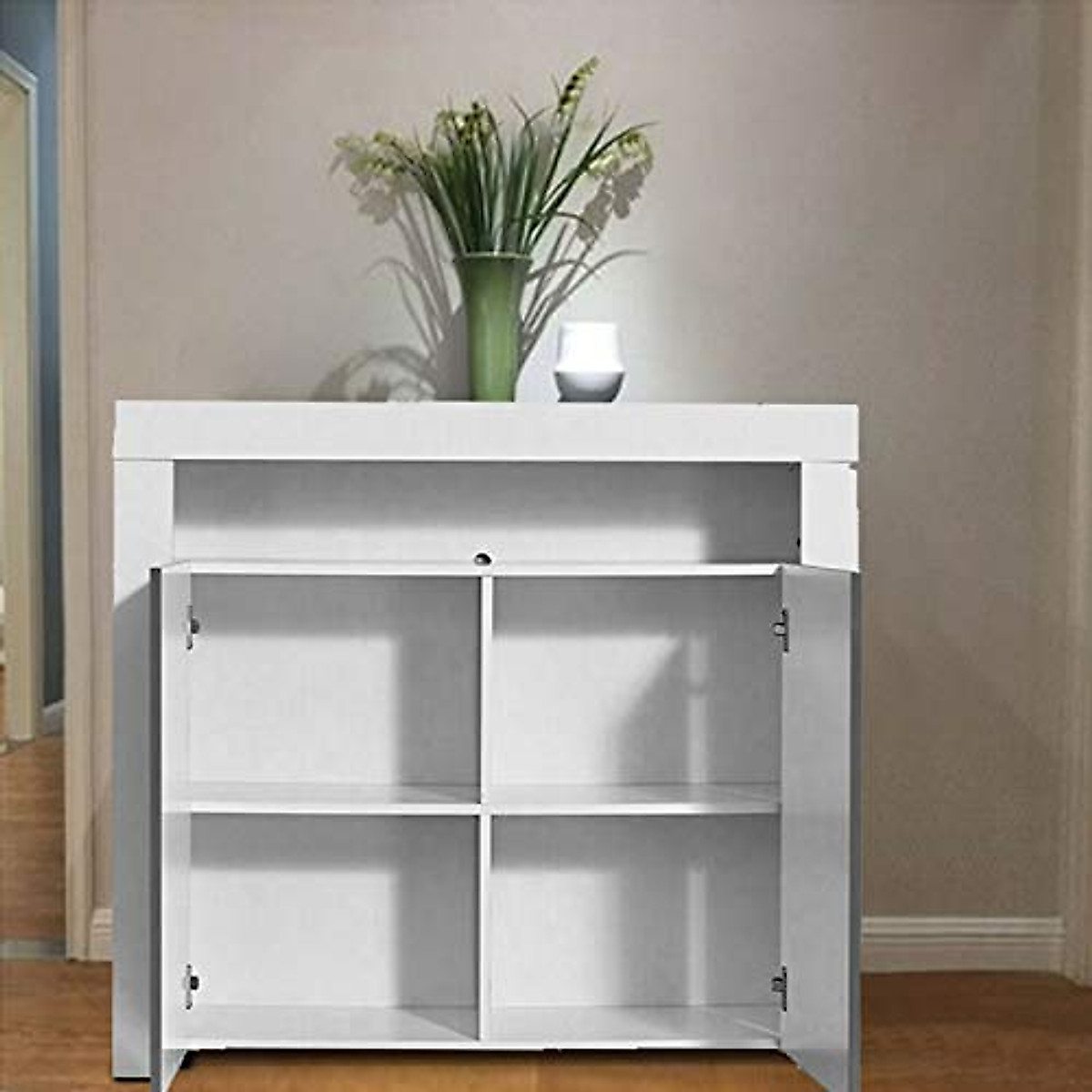 Modern High Gloss Sideboard 2 Door Storage Cabinet Open Cupboard Sleek Farmhouse Accent Side Cabinet Kitchen Buffet Cabinet with Multi-Color LED Lights and Interior Shelves Fashion Home Furniture
