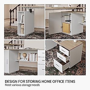 CubiCubi 63" L Shaped Executive Standing Desk with 3-Drawer File Cabinet, Electric Height Adjustable Stand up Desk for Home Office, Computer Desk with Storage Cabinets, White Frame/Light Walnut Top