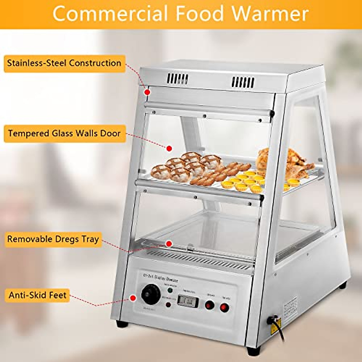 WSSEY Commercial Food Warmer Display, Countertop Pizza Warmers Display Pastry Patty Warmer,Stainless Steel Heated Cabinetsuitable for Restaurants,2-Tier 110V