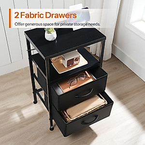 HOOBRO Nightstand with Charging Station and LED Light, Night Stand with 2 Fabric Drawers and Open Storage, Bedside Table with USB Ports and Outlet, End Table for Bedroom, Black BB110UDBZ01