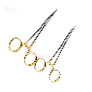 Premium German Stainless- Set of 2 PCS Gold Handle Mosquito Locking HEMOSTAT Forceps Straight + Curved 5"-Cynamed