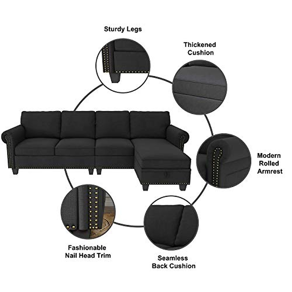 Nolany Convertible Sectional Couch L Shaped Sofa Couch with Storage Reversible Sectional Sofa for Small Space, Dark Grey