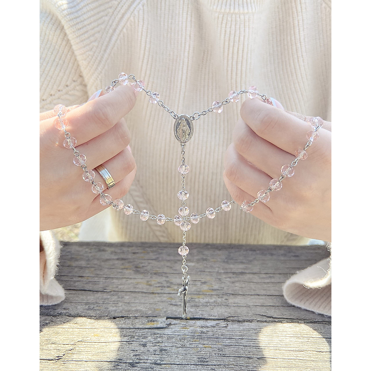 Nazareth Store Pink Pearl Beads Rosary Handmade Prayer Beaded Necklace with Miraculous Medal and Silver Cross